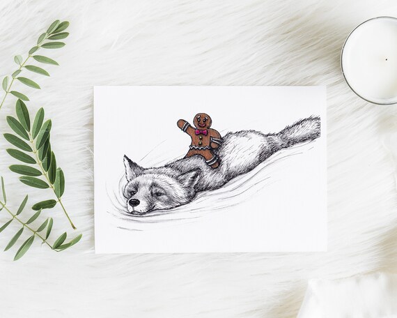 Gingerbread Man Riding on Foxs Back Fairy Tale Ink | Etsy