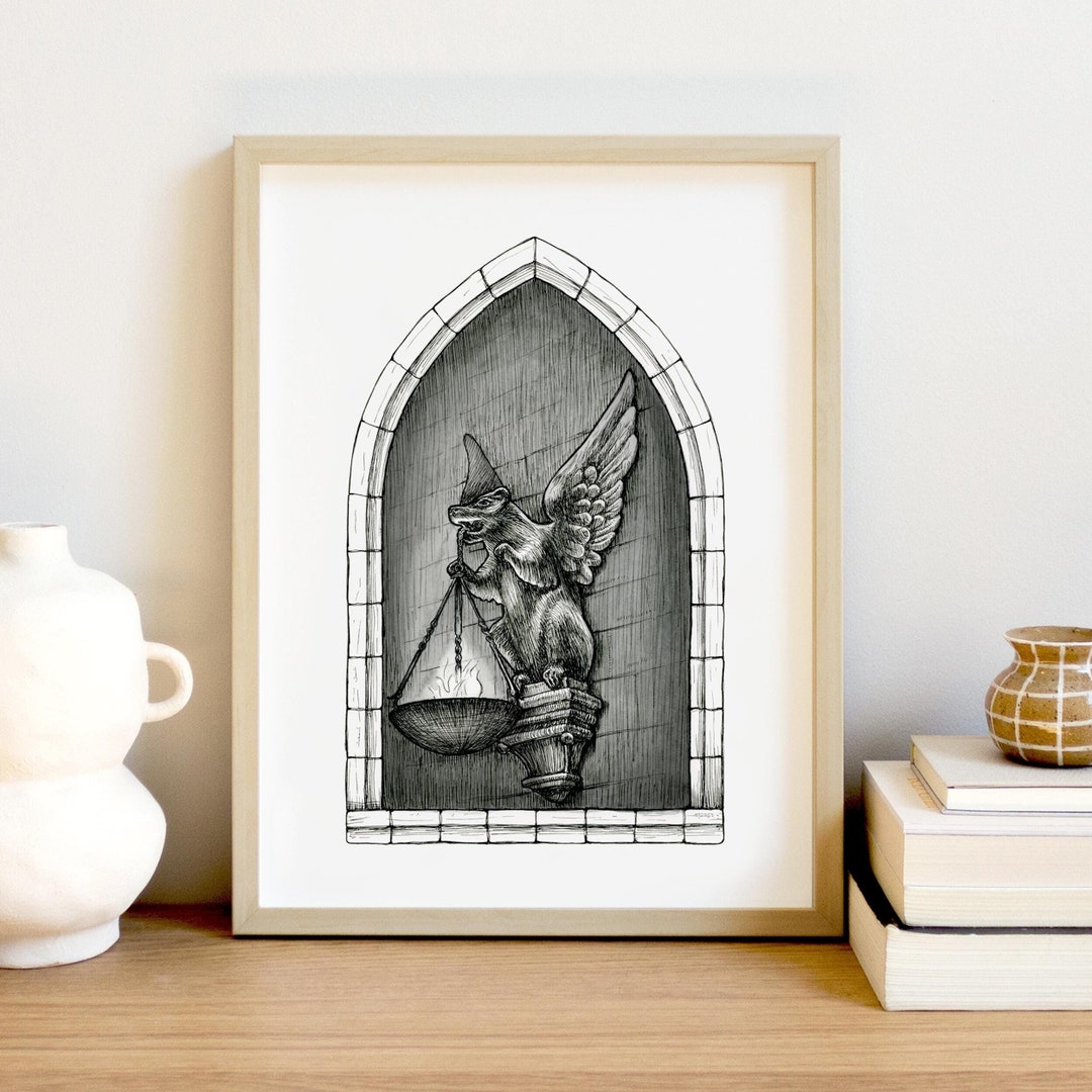 Castle Gargoyle Handmade Art Print, Dark Academia Wall Décor, Medieval ...