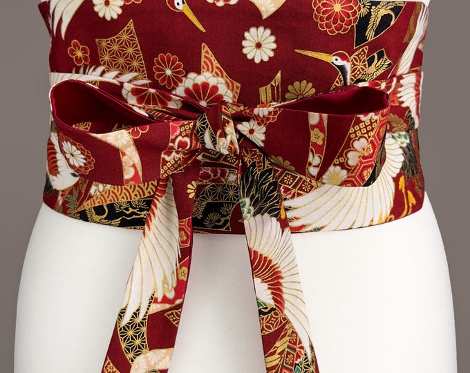Reversible Japanese Obi Belt – Red Crane & Gold Floral Pattern With Red ...