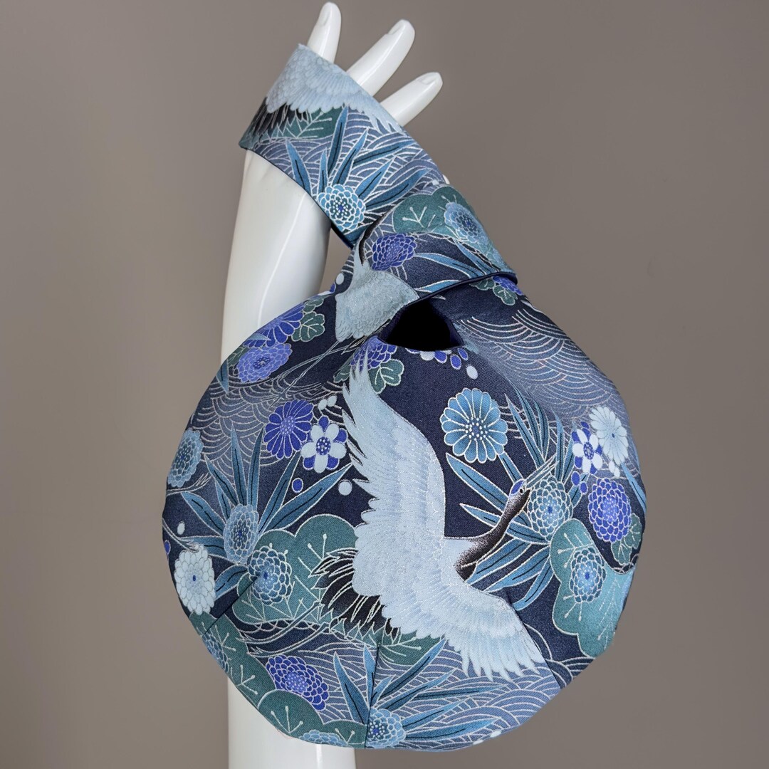 Japanese Knot Bag – Crane & Chrysanthemum Print – Lined With Navy Blue ...