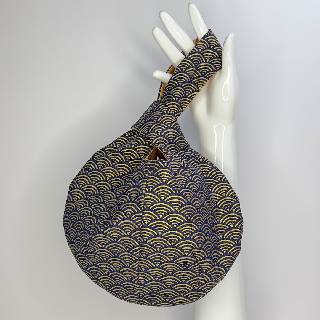 Reversible Japanese Knot Bag - Gold and Indigo Seigaiha Pattern With ...