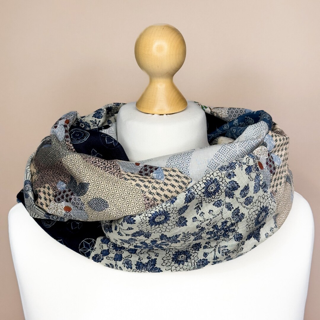 Japanese Cotton Infinity Scarf - Blue & Beige Scarf - Traditional ...