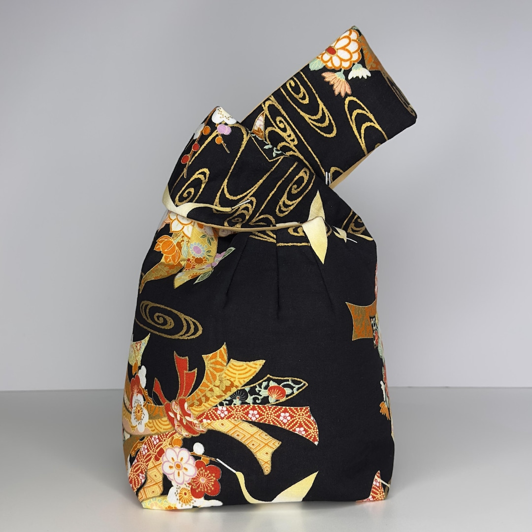 Japanese Knot Bag – Noshi & Crane Pattern on Black Cotton With Gold ...