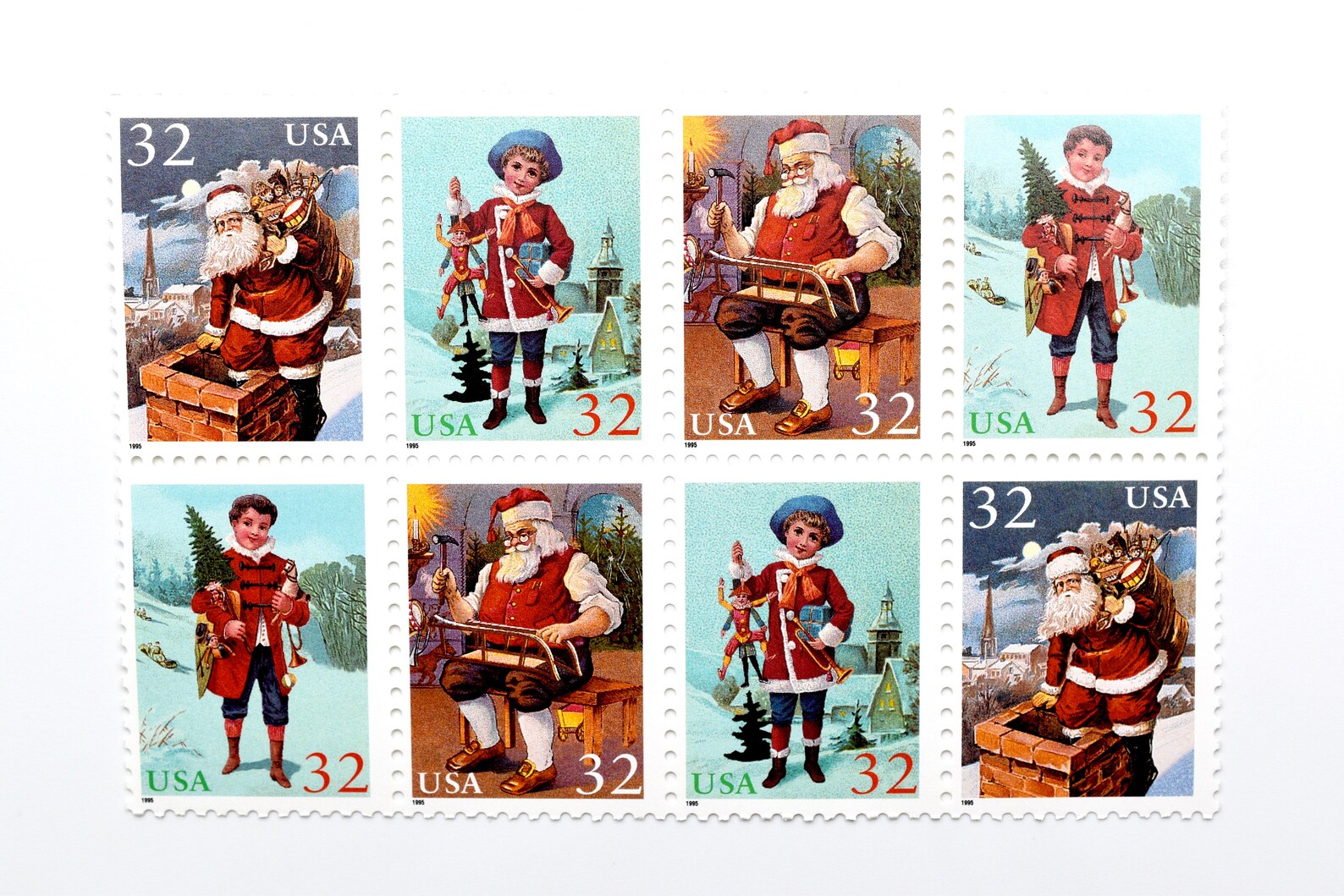 8 Vintage Christmas Stamps Santa Claus on Rooftop/in - Etsy