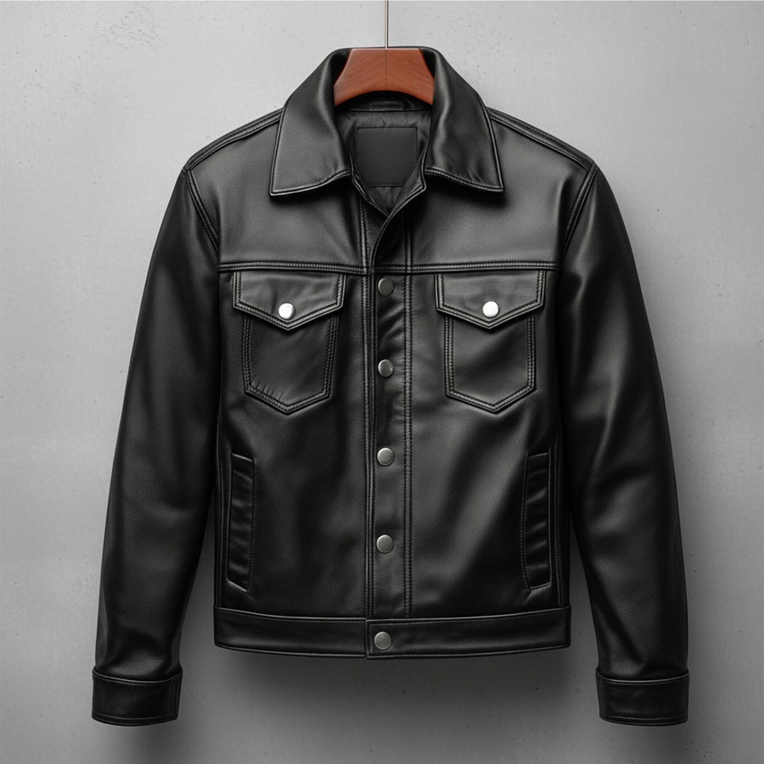 Mens Genuine Leather Trucker Jacket Denim Slanted Pockets Flaps Jackets ...
