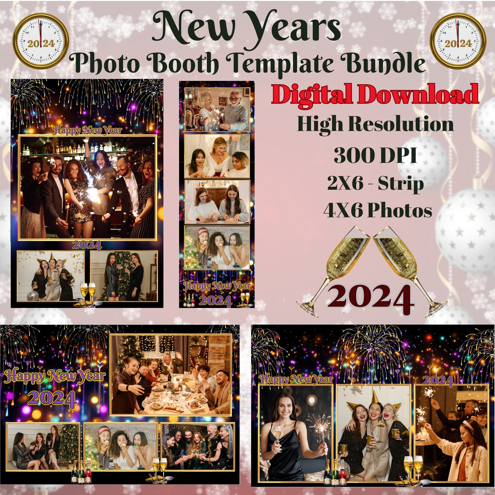 Photo Booth Template for New Years Bundle, 2X6 Strip, 4X6 Photos, PNG ...