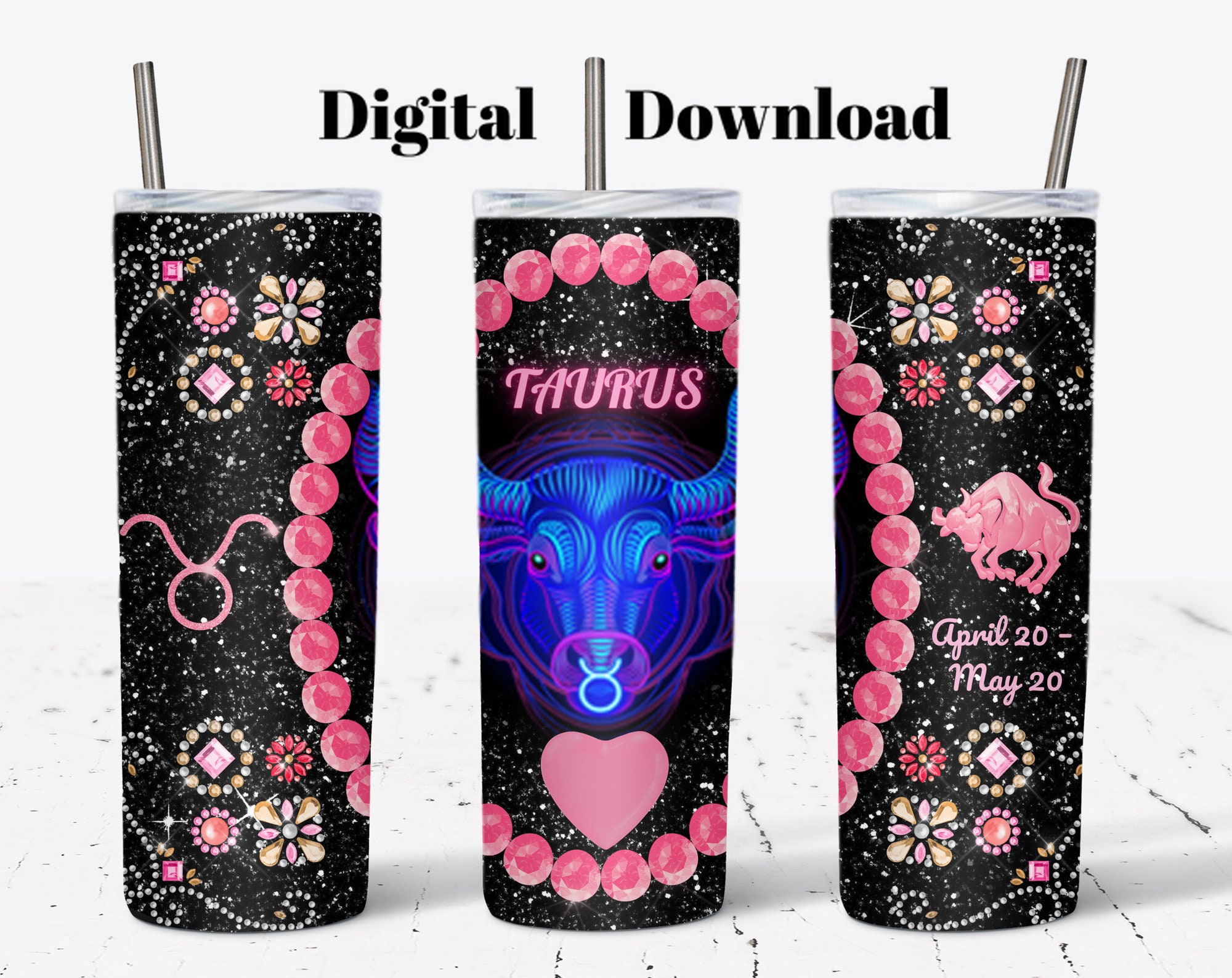 Taurus Zodiac Full Wrap 20 Oz Skinny Tumbler Straight Wall Horoscope ...