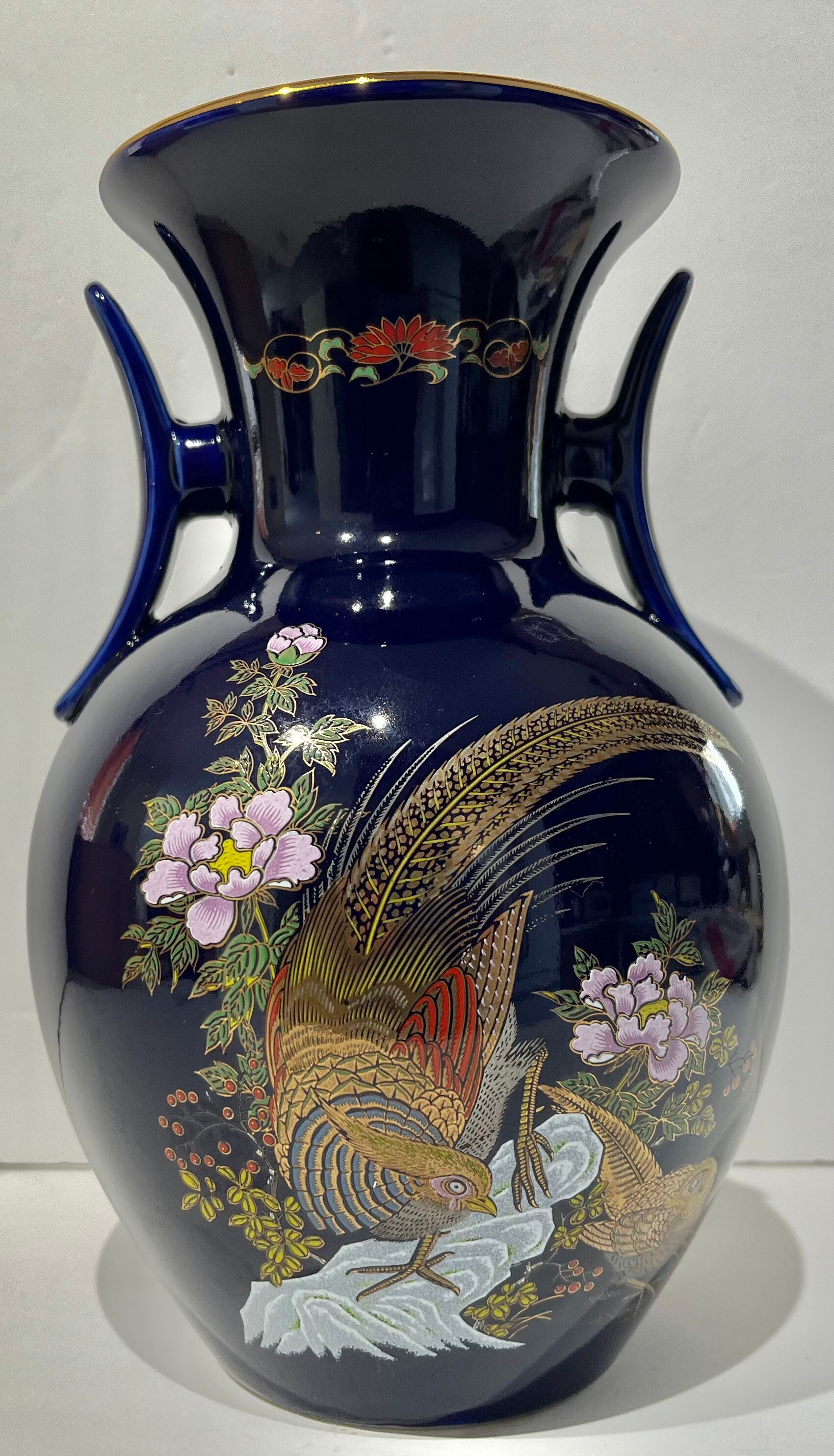 Cobalt Blue Japanese Vase Tajimi Pottery Japan Porcelain Vase Peacock ...