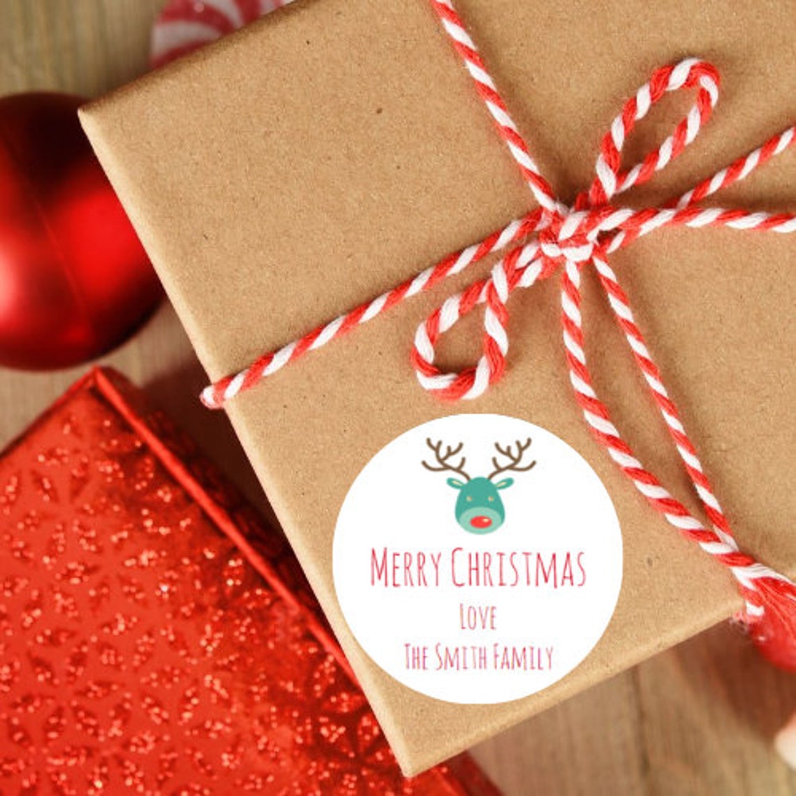 Custom Christmas Stickers Round Christmas Tag Reindeer - Etsy