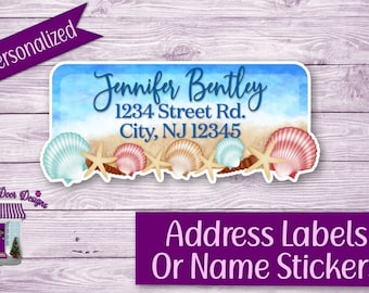 Return Address Labels, Personalized Round Address Stickers, Seashell ...