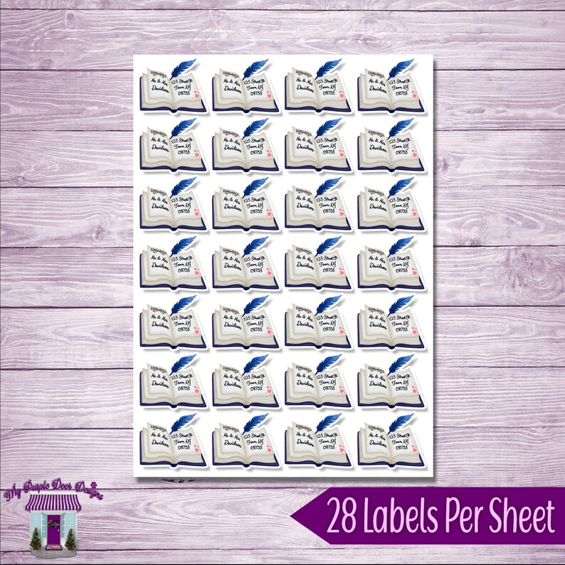Return Address Labels, Open Book, Feather Pen Personalized Mailing ...
