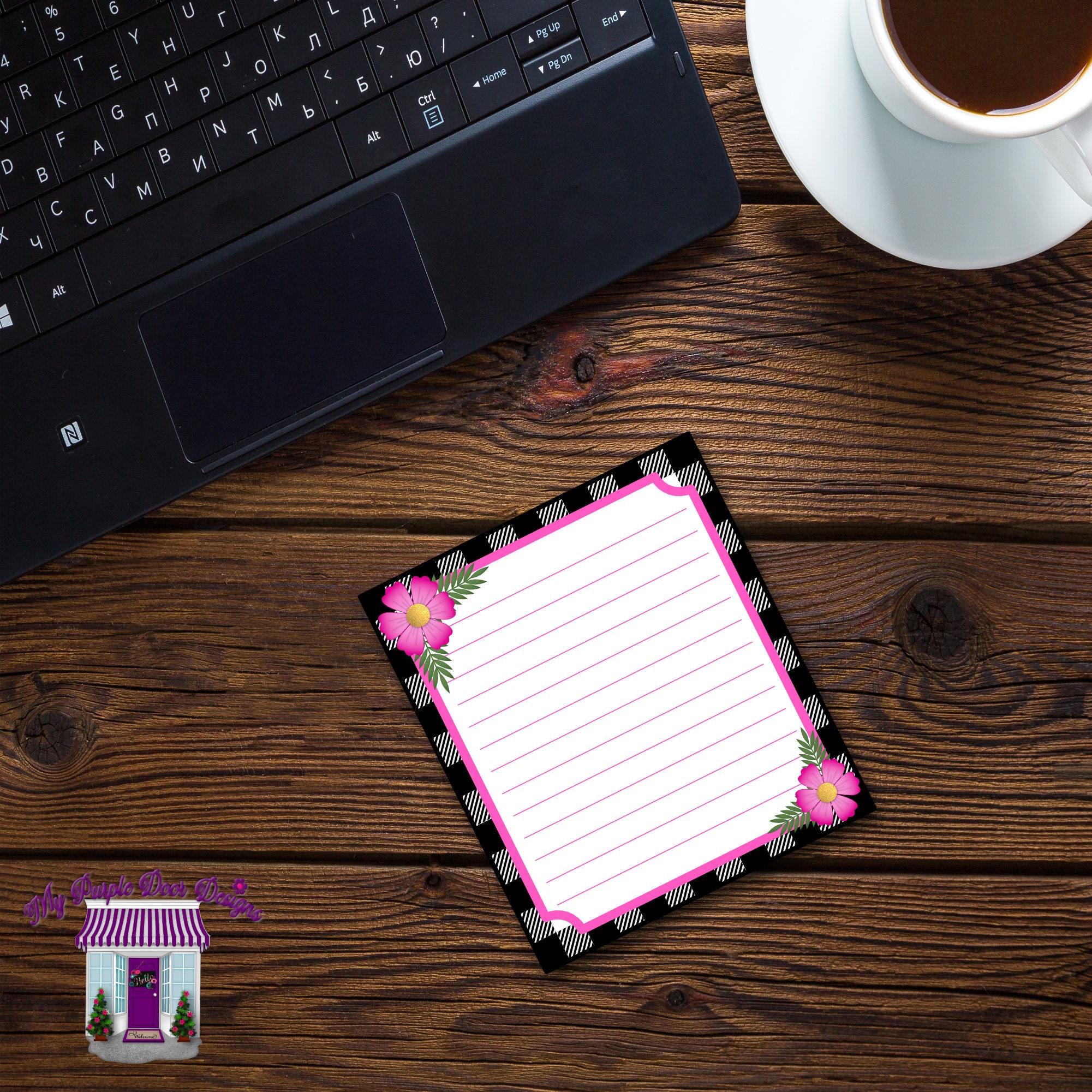 Mini Black & White Gingham With Pink Flower 3.5x 4 Notepad, 25 Sheets ...