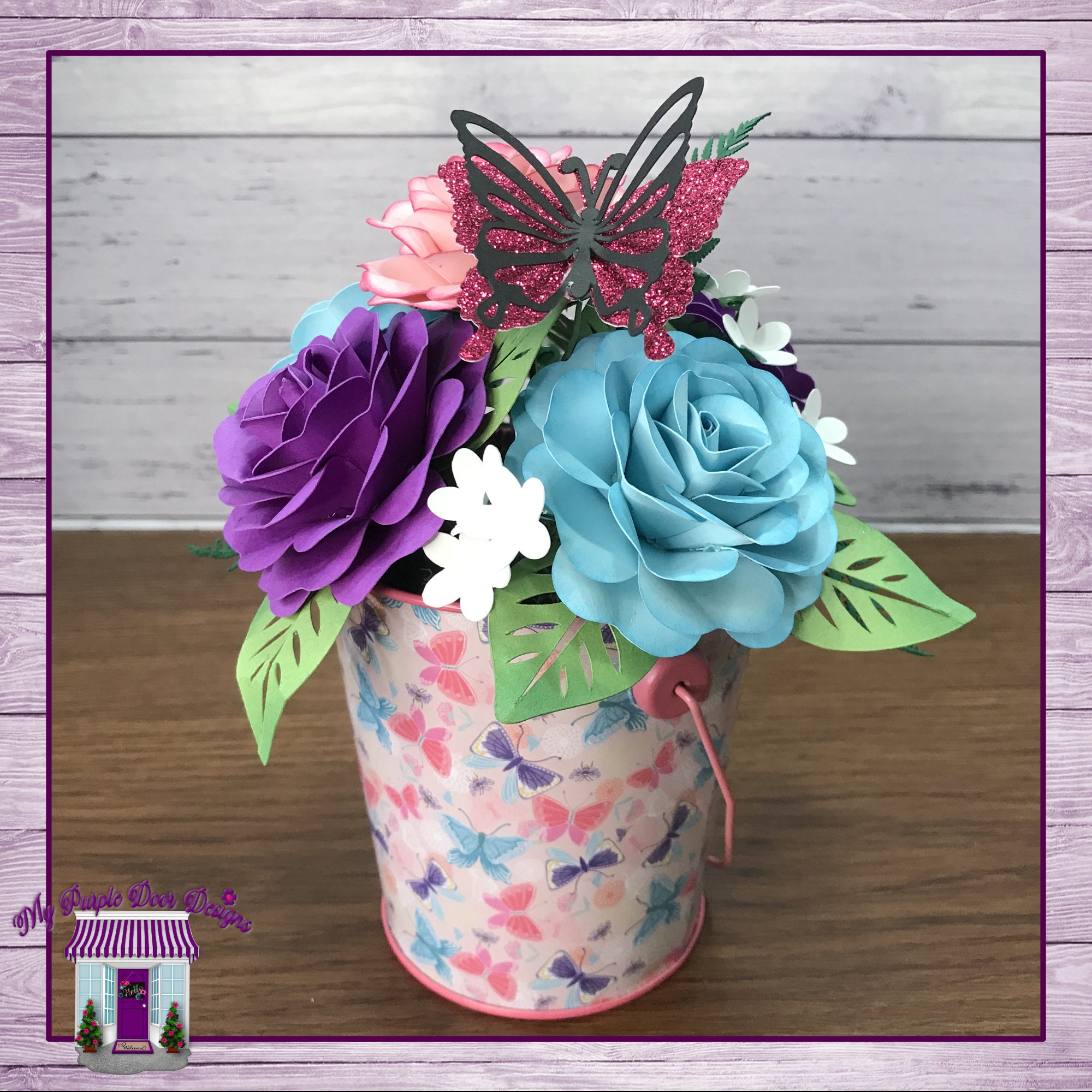 Rose Paper Flower Arrangement in A Butterflies Metal Bucket, Paper ...
