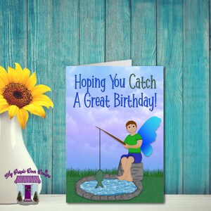 Happy Birthday Card, Handmade 5x7" Greeting Card, Cute Fishing Fairy ...
