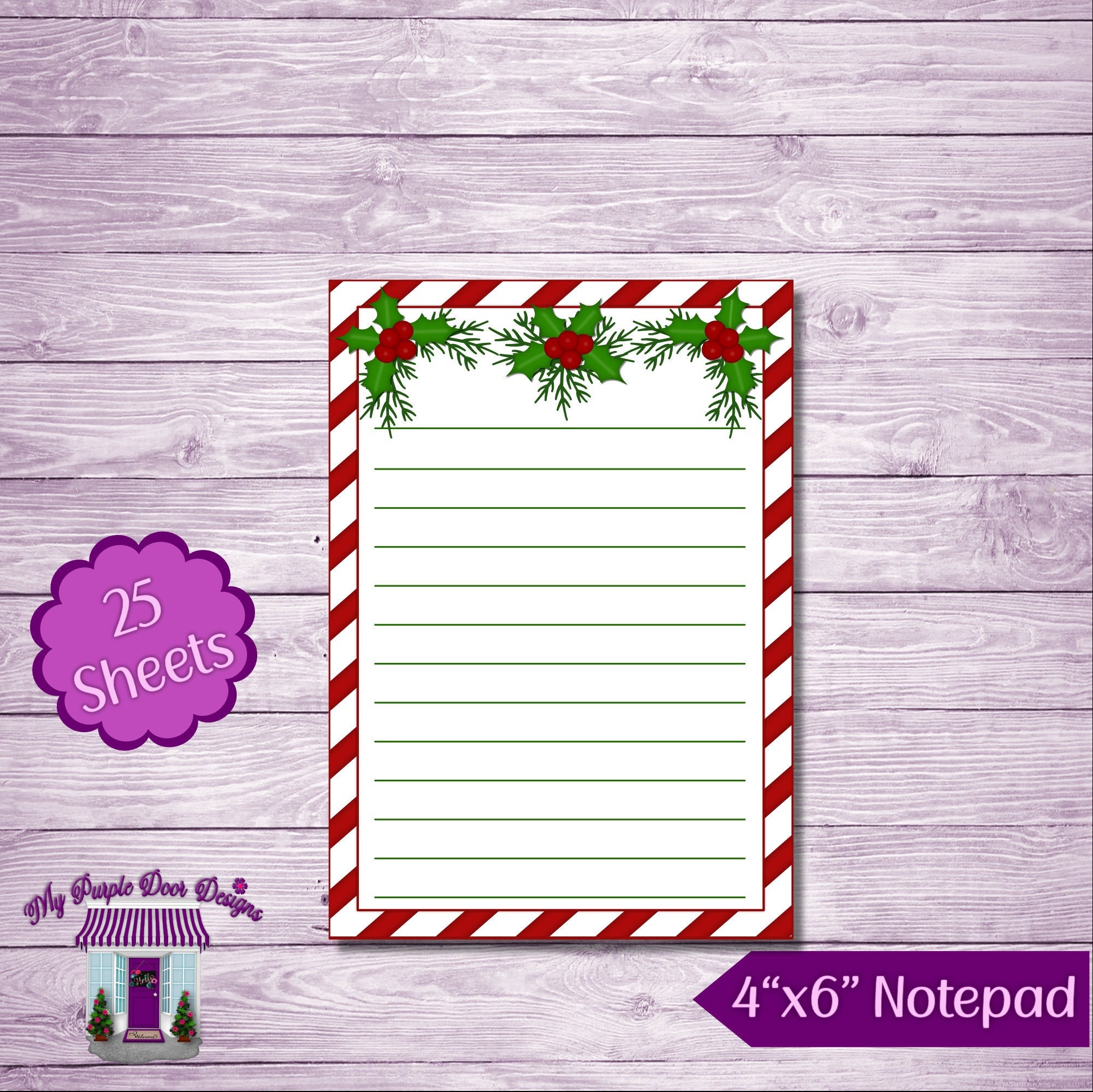 4"x6" Holly, Candy Cane Border Lined Notepad, 25 Sheets, to Do List ...