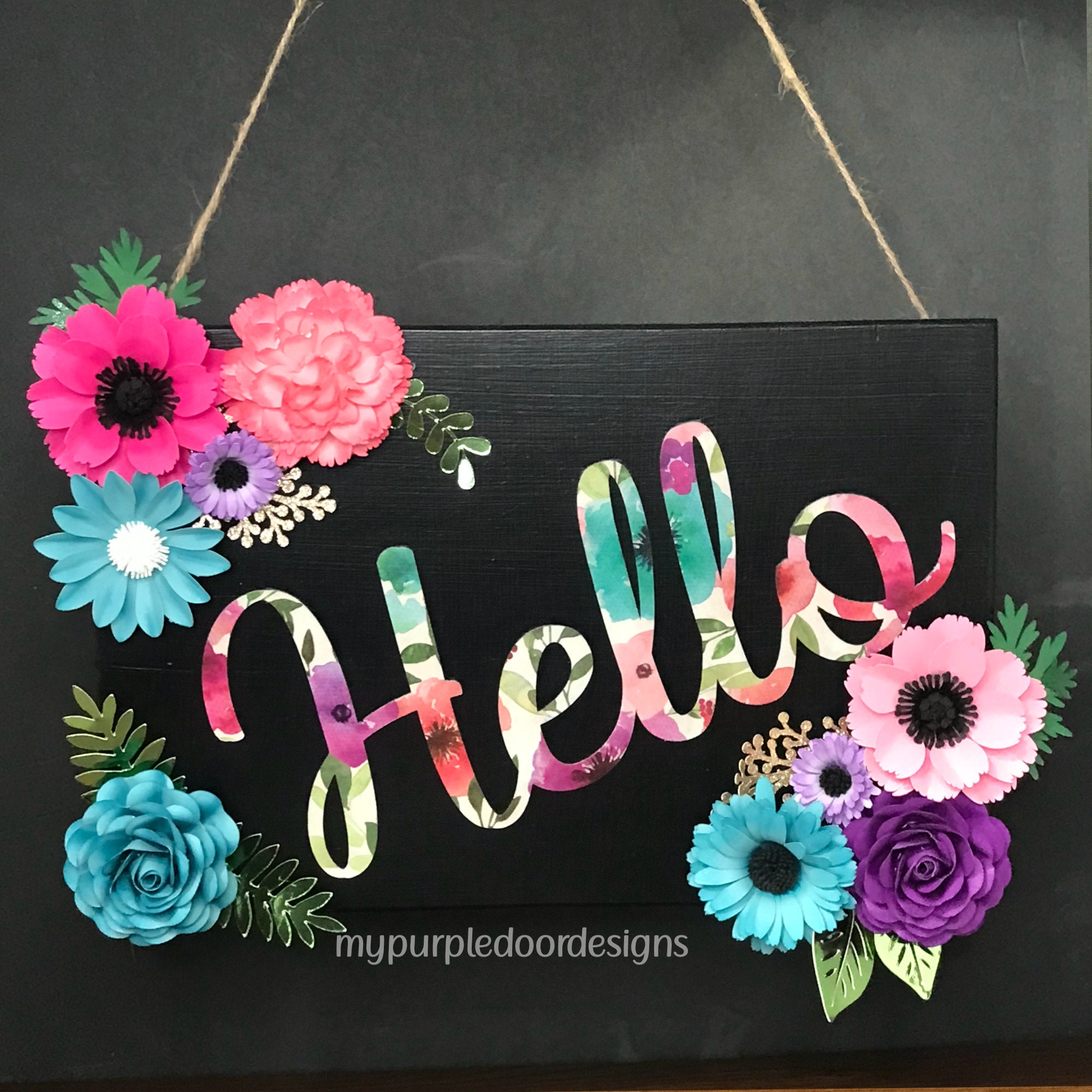 Floral Hello Sign With Paper Flowers Front Door Hanger 3D - Etsy