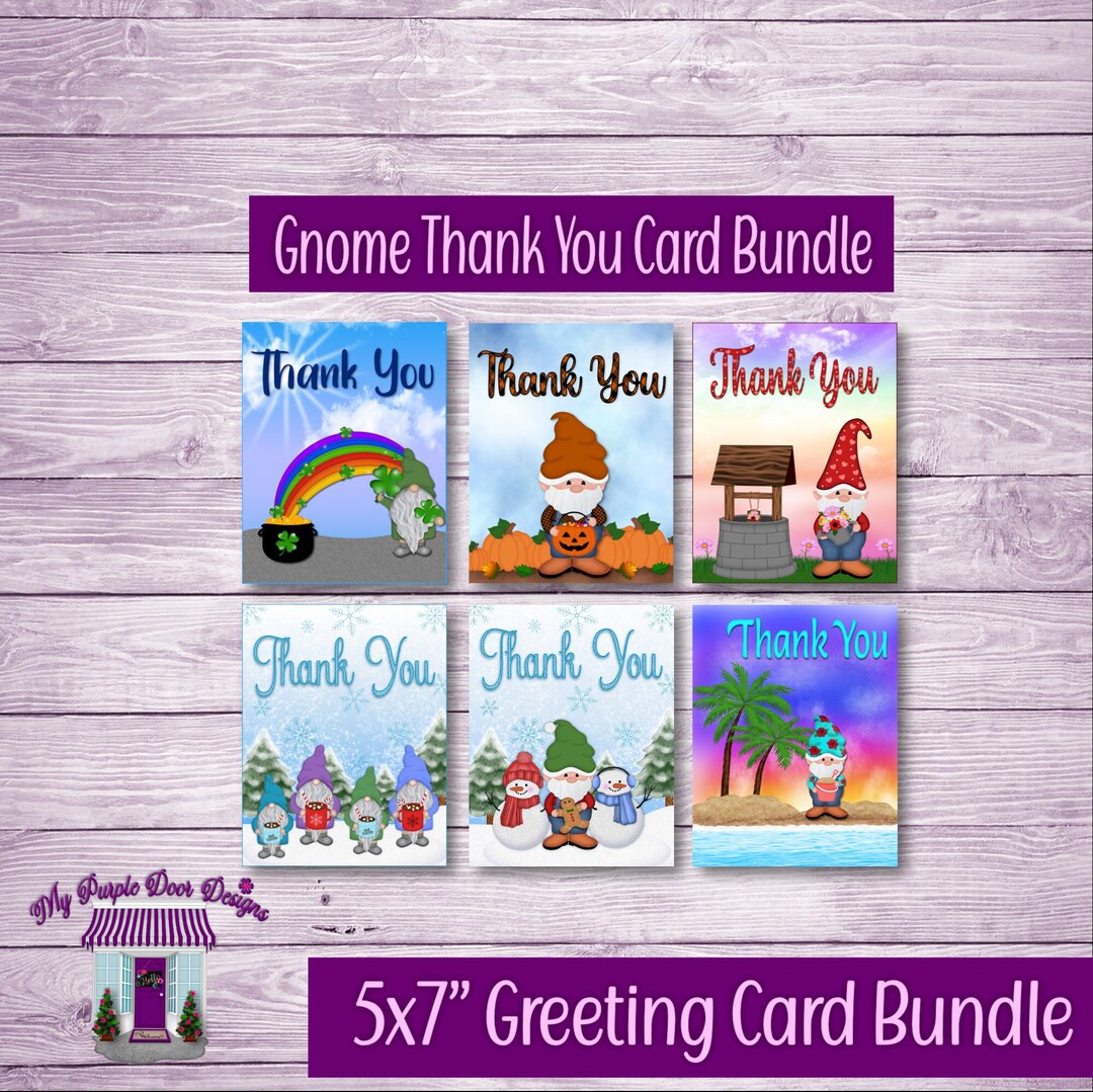 Gnome Thank You Card Bundle, Handmade 5x7" Greeting Cards, Birthday ...