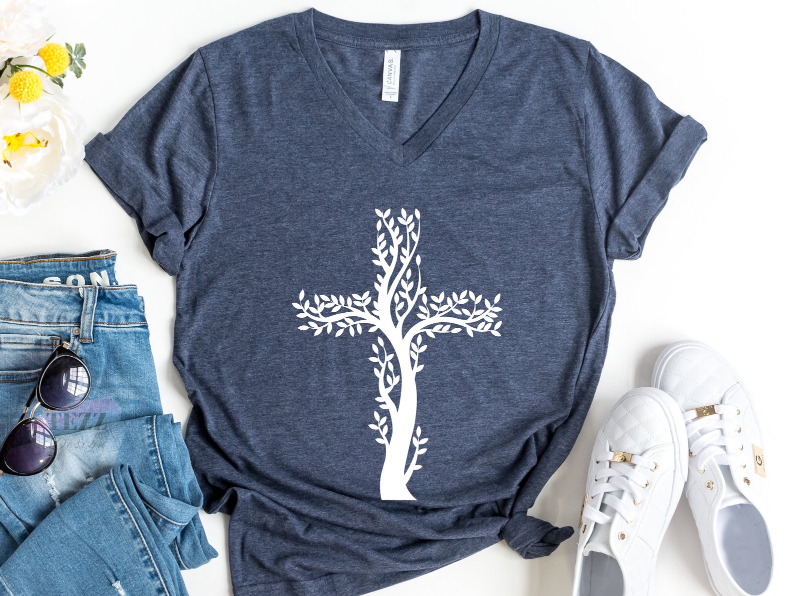 Christian Cross Shirt Cross tree floral tee shirt Christian | Etsy