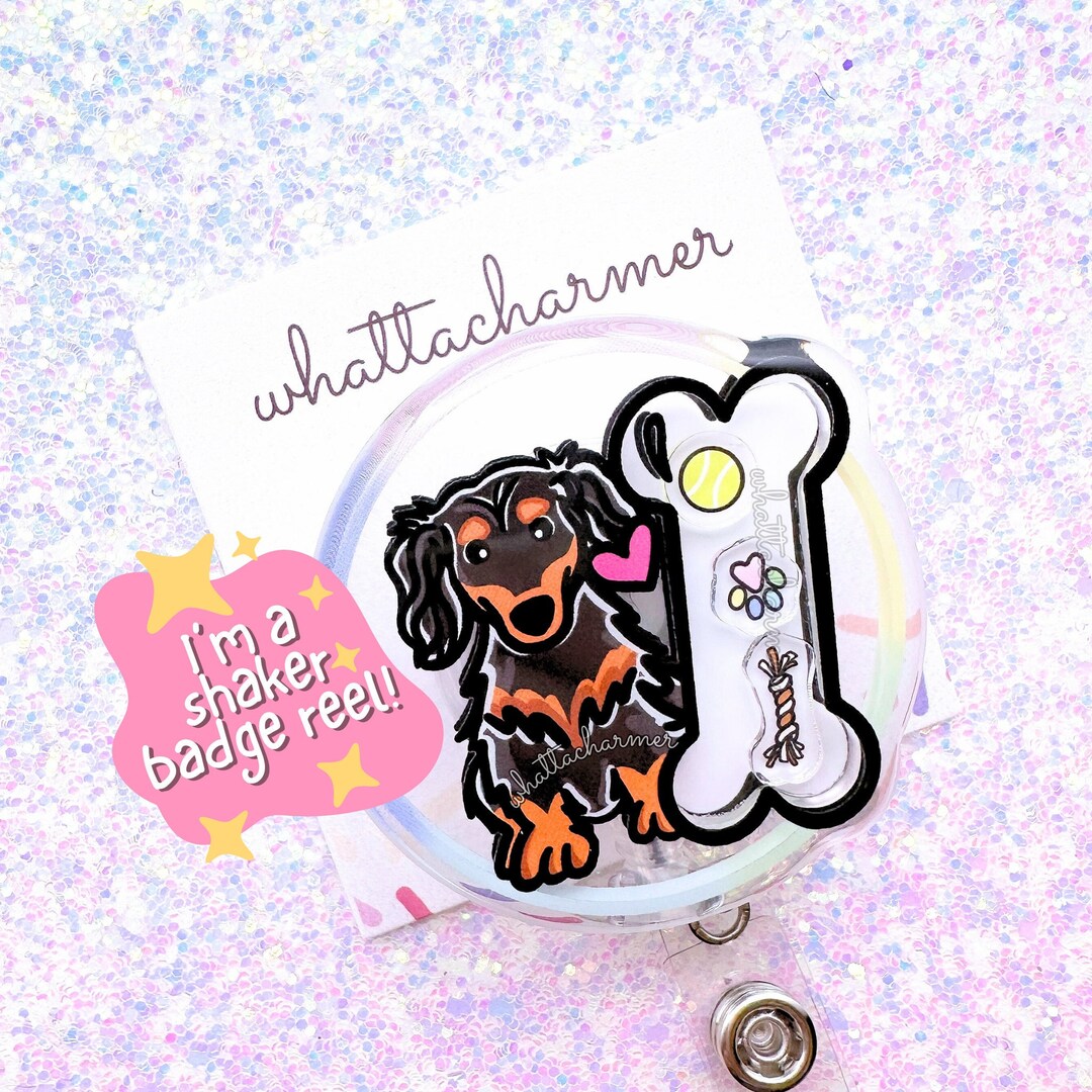 Longhaired Black and Tan Dachshund Badge Reel, Black Tan Doxie Badge ...
