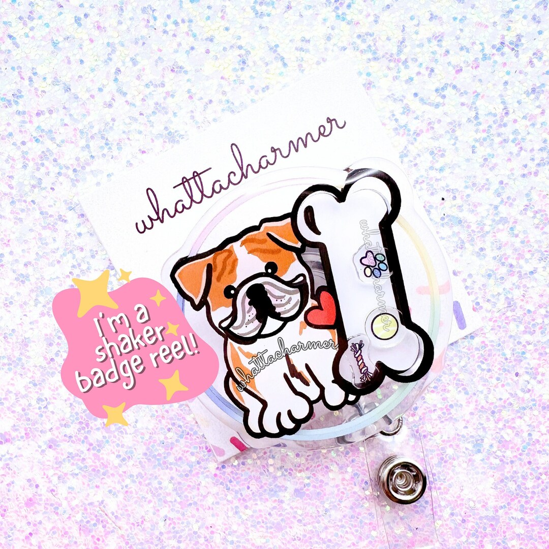 Fawn and White English Bulldog Badge Reel, Tan and White Bulldog Badge ...