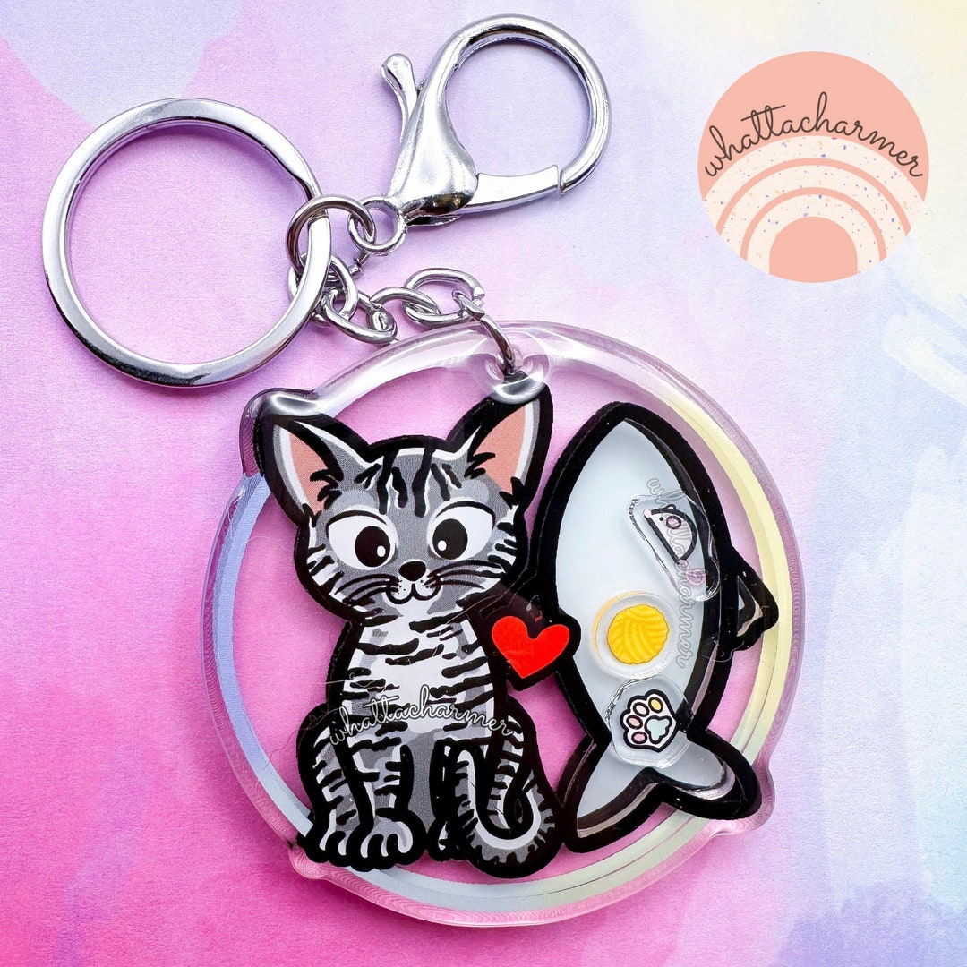 Grey Tabby Cat Keychain, Shorthaired Gray Cat Key Ring, Grey and Black ...