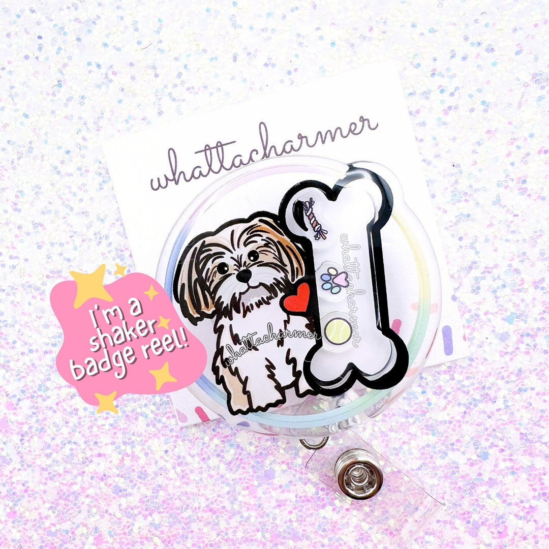 Gold and White Shih Tzu Badge Reel, Shih Tzu Dog Badge, Tzu Dog ID ...