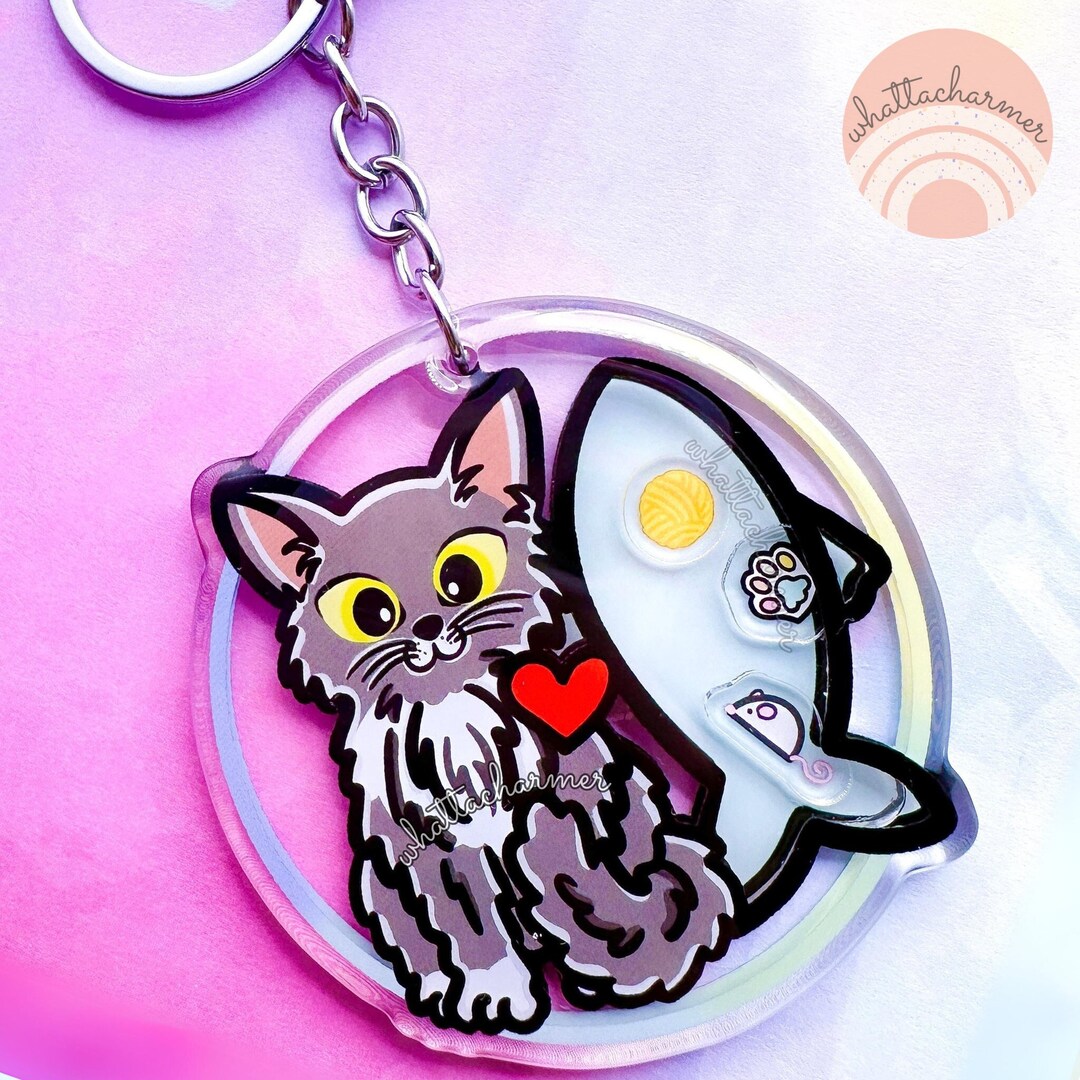 Longhaired Gray Tuxedo Cat Keychain, Grey and White Cat Keyring, Gray ...