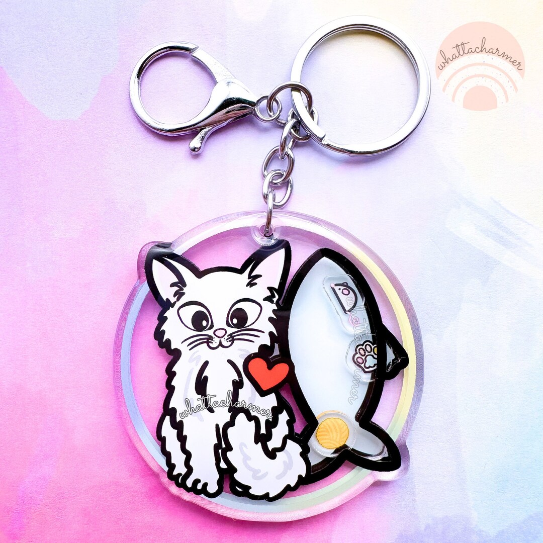 Longhaired White Cat Acrylic Keychain, Cat Mom Keyring, White Kitten ...