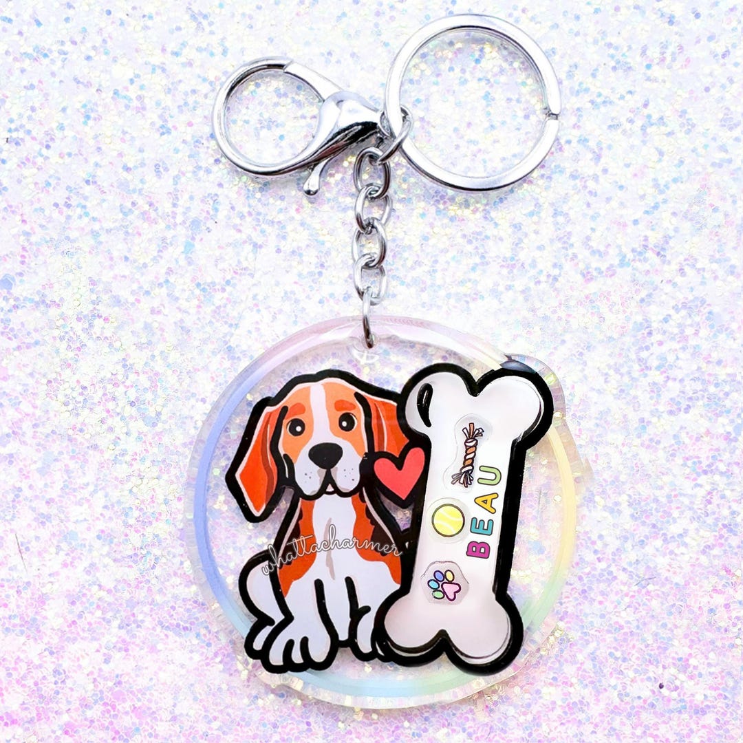 Personalized Red Tricolor Beagle Keychain, Pet Name Keyring, Dog Shaker ...