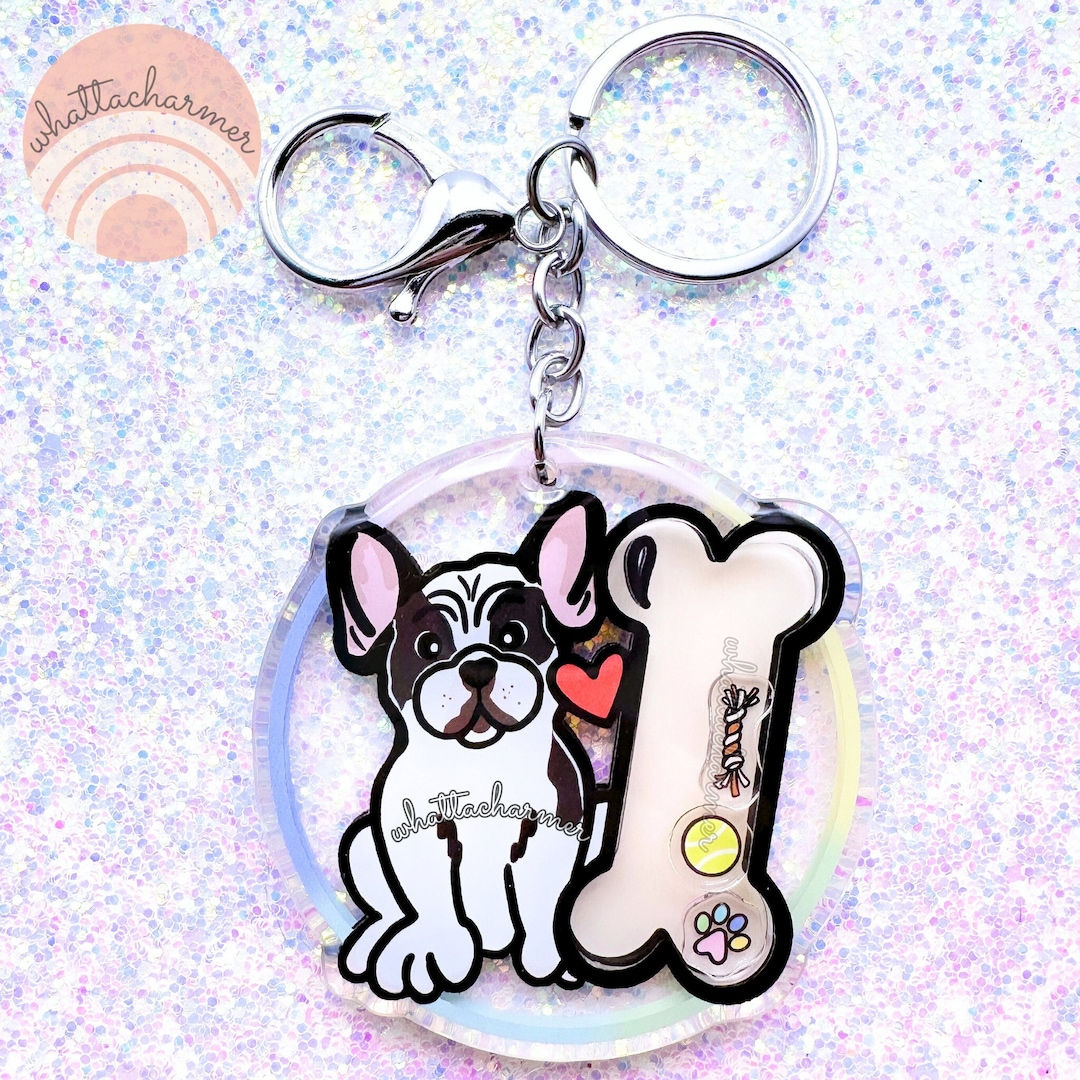Pied French Bulldog Keychain, Black and White Frenchie Dog Keyring ...