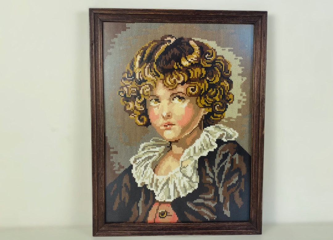Vintage Framed Embroidery Art, Portrait of a Child, Kitsch Wall Art ...