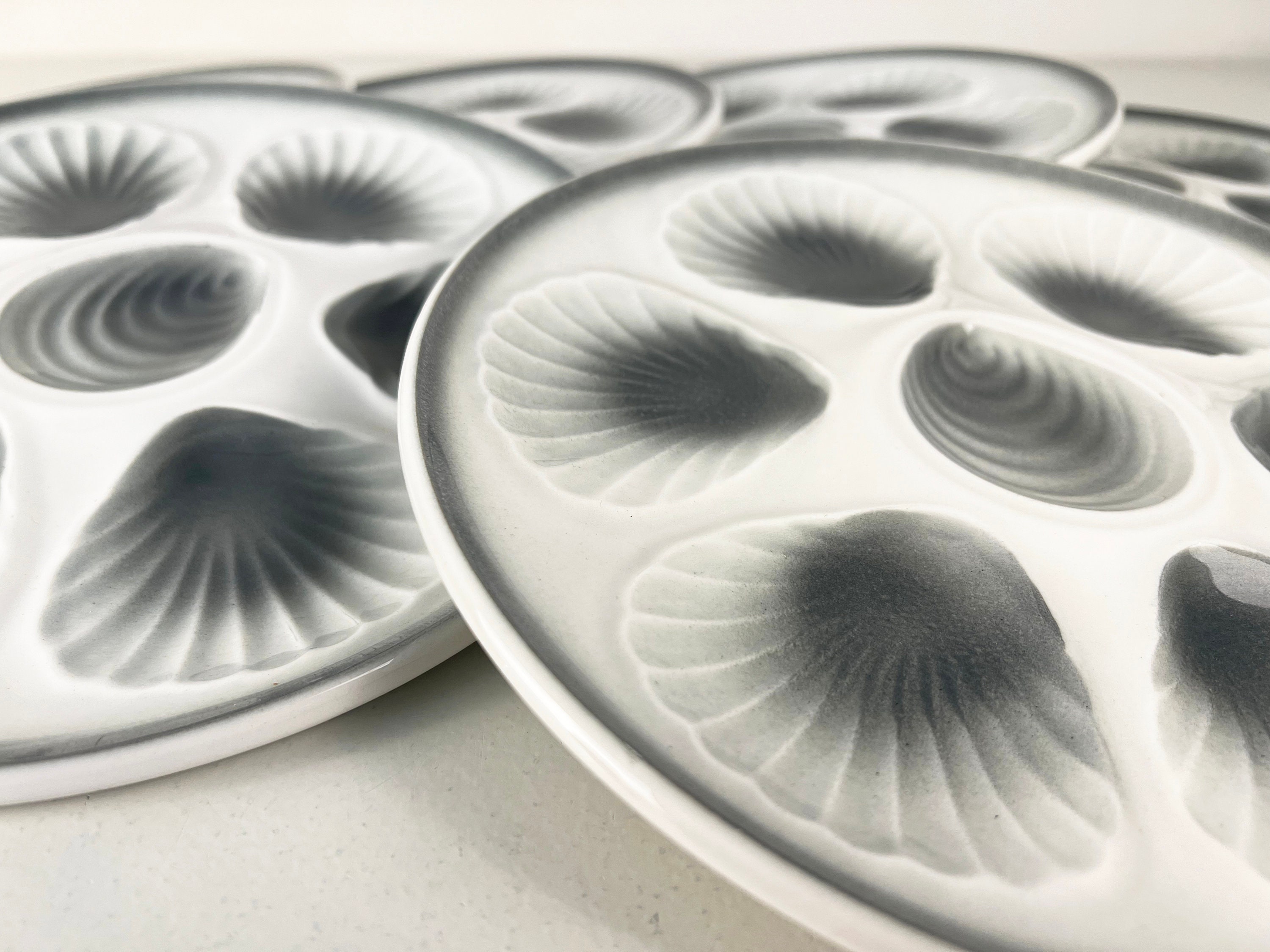 Set of 6 stylish French oyster plates, shellfish plates, seafood plates ...