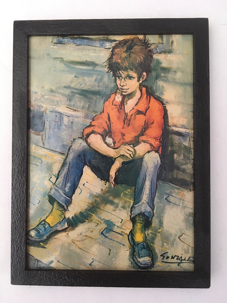 Vintage Big Eyed Boy With a Daisy in His Mouth Sitting on the - Etsy