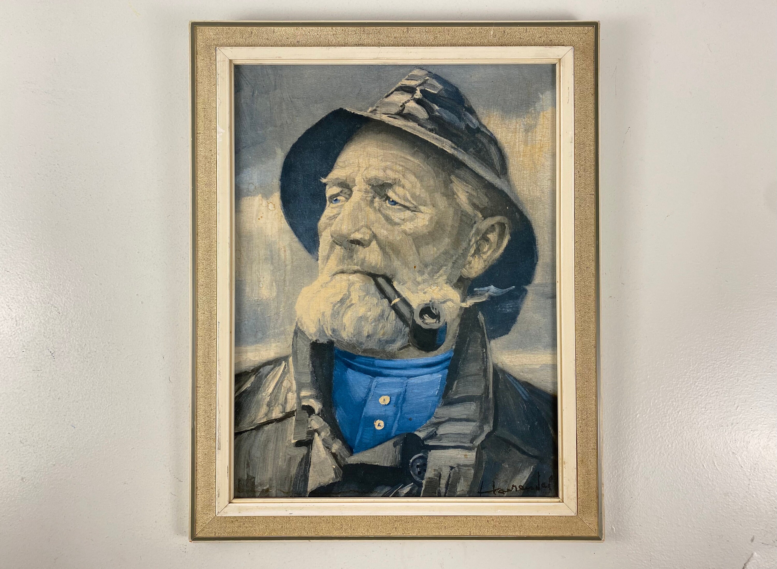 Vintage framed portrait art print of pipe-smoking fisherman, mid ...
