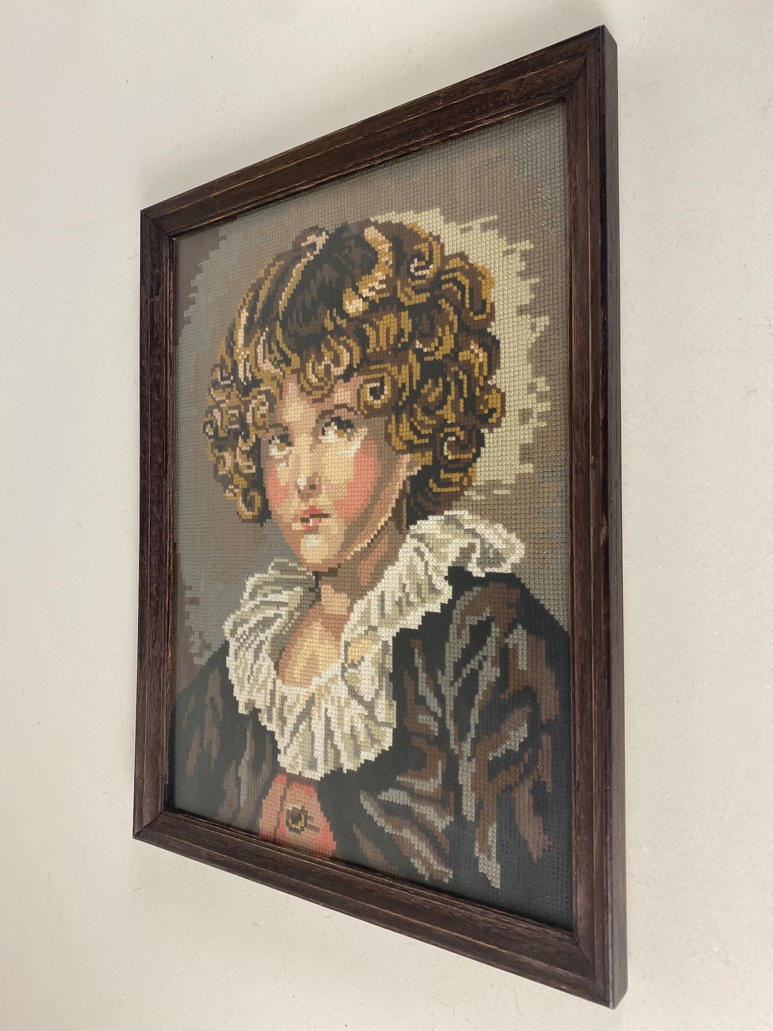 Vintage Framed Embroidery Art, Portrait of a Child, Kitsch Wall Art ...