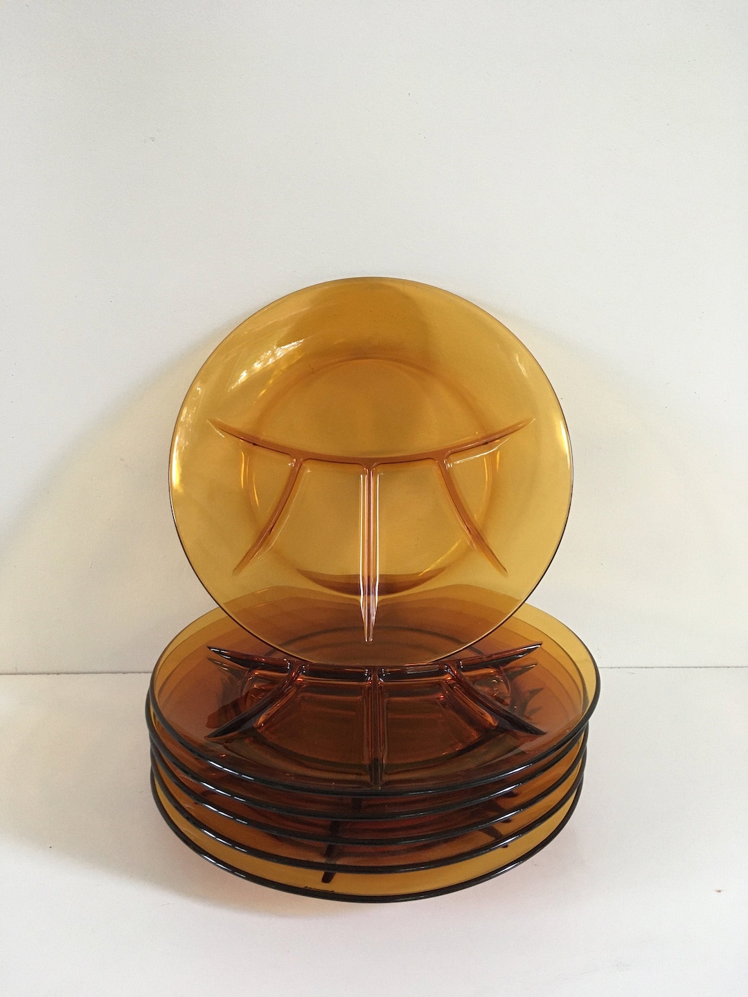 Set of 6 Glass Fondue BBQ Plates Vintage Divider Plates, Amber Colored ...