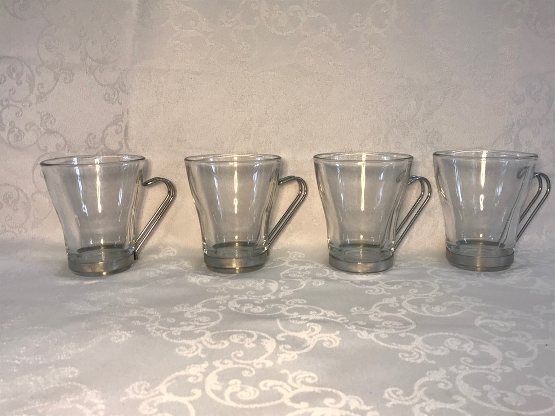 4 Glass Tea Mugs, Tea Cups or Coffee Cups, Metal Handle, Bormioli Rocco ...