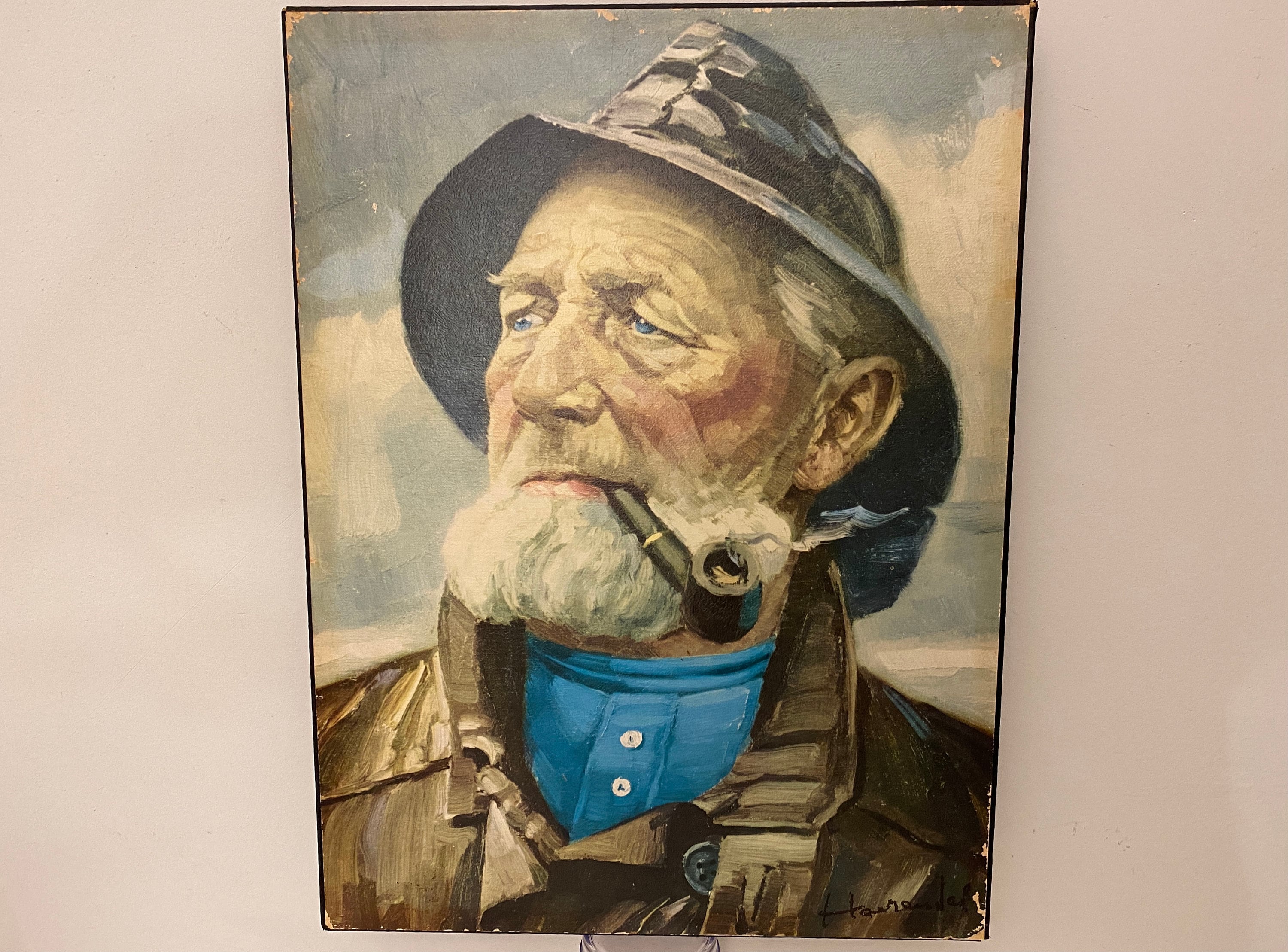 Vintage portrait art print of pipe-smoking fisherman, mid century wall ...