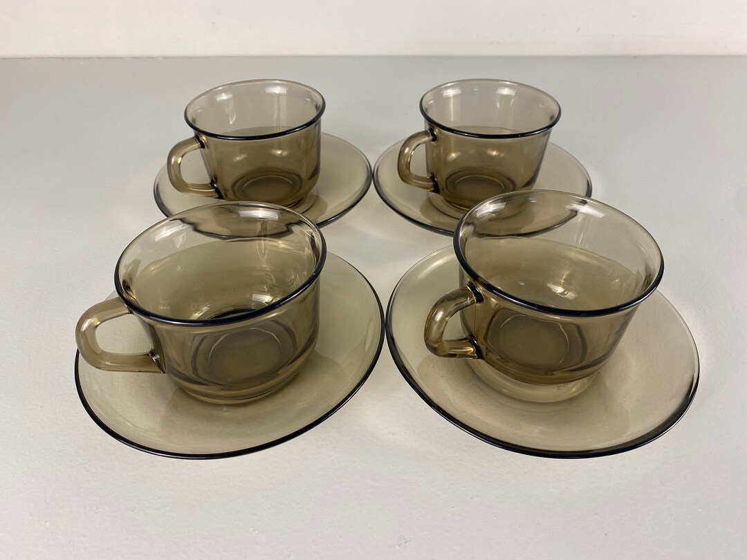 Set of 4 Large Smoke Glass Coffee Cups With Saucers, Arcoroc France ...