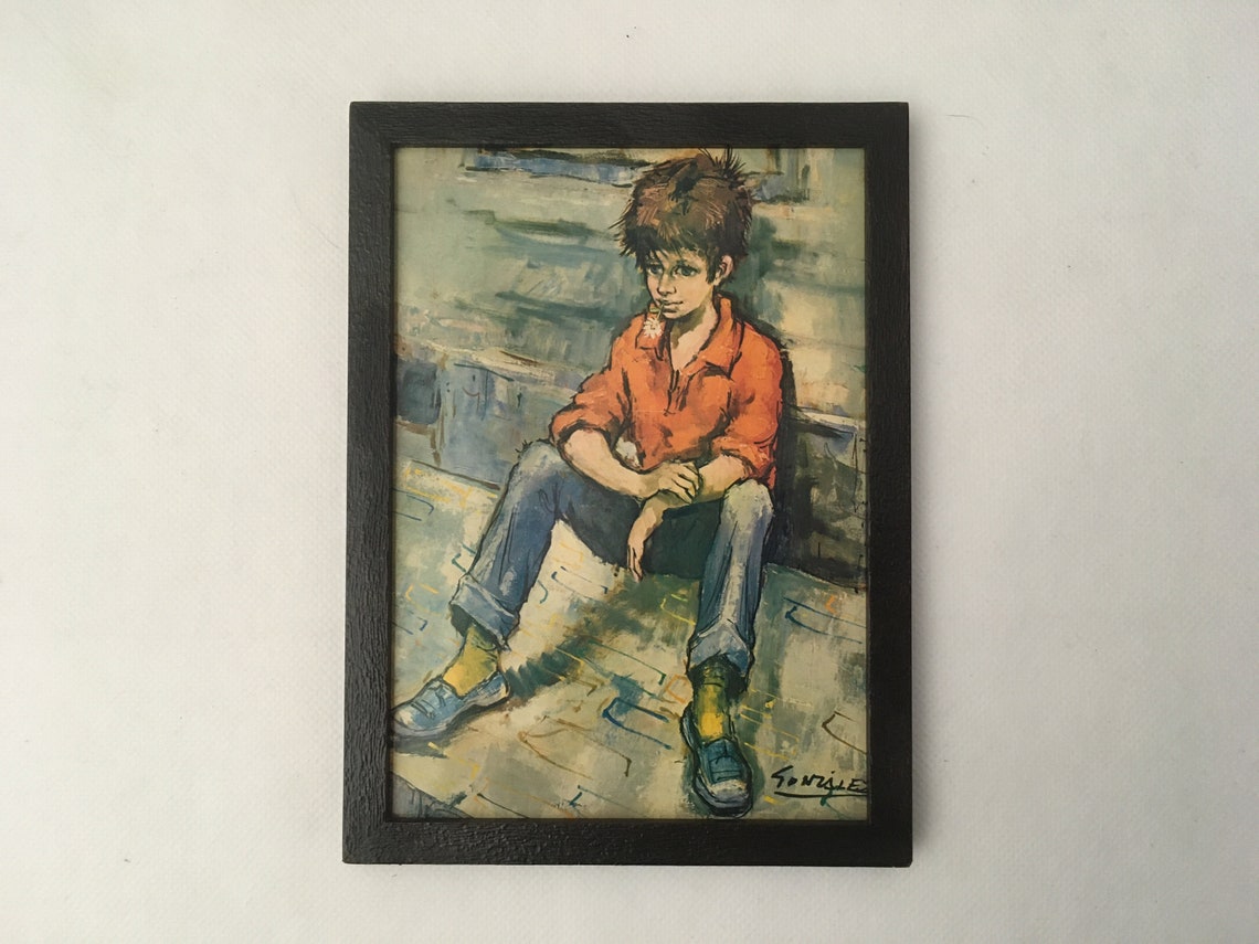 Vintage Big Eyed Boy With a Daisy in His Mouth Sitting on the Sidewalk ...