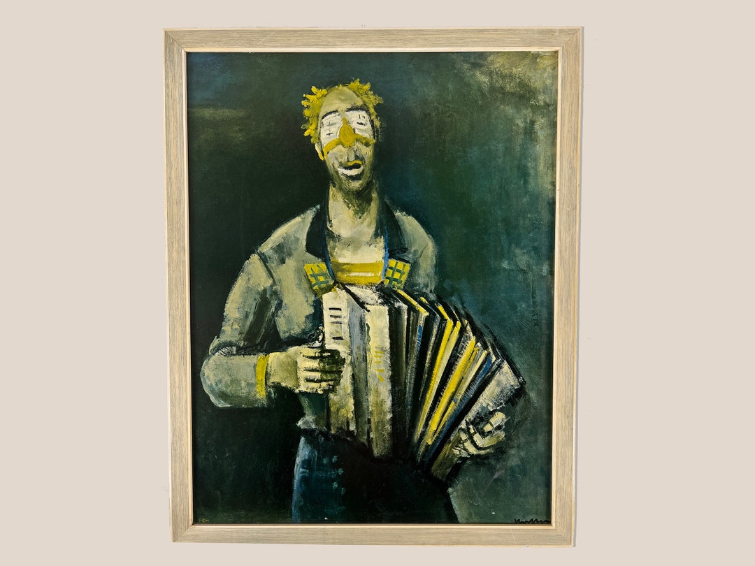 Clown With Accordion in Wooden Frame, Original Rare '60s Joseph Kutter ...