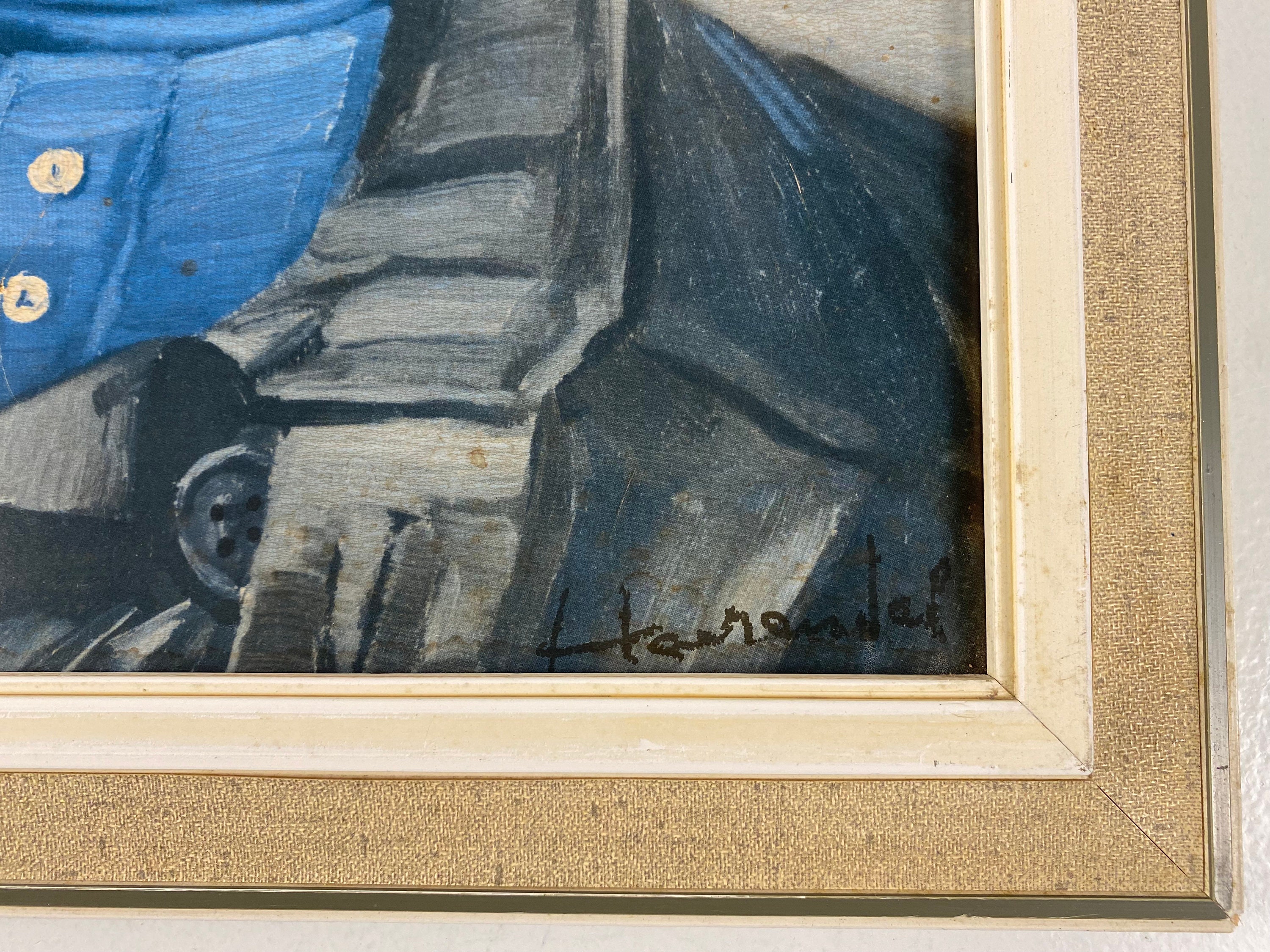 Vintage framed portrait art print of pipe-smoking fisherman, mid ...