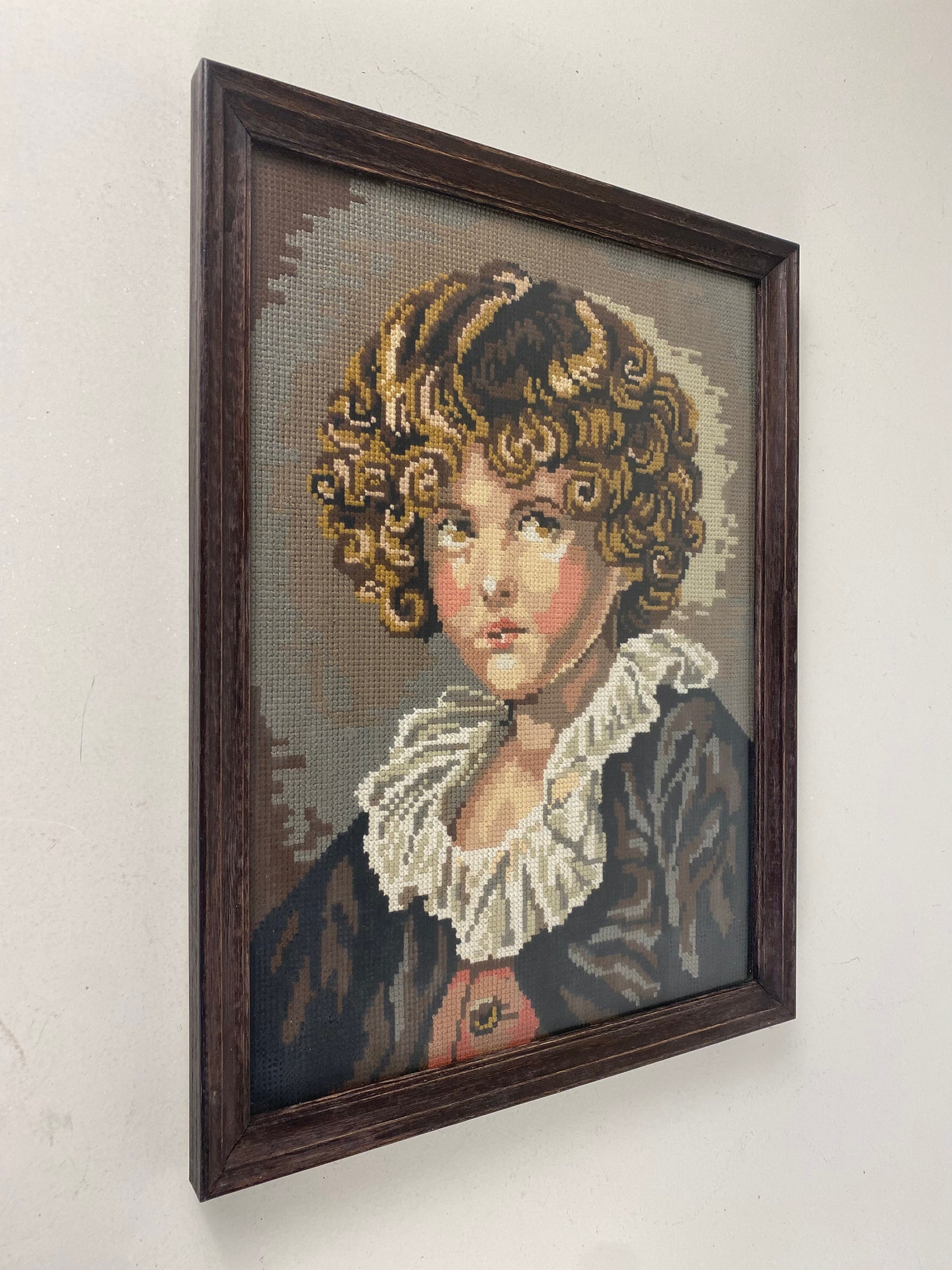 Vintage Framed Embroidery Art, Portrait of a Child, Kitsch Wall Art ...