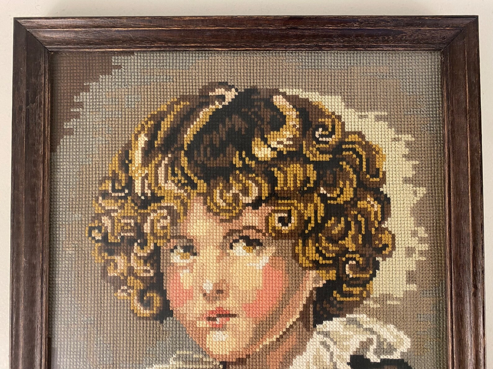 Vintage Framed Embroidery Art, Portrait of a Child, Kitsch Wall Art ...