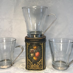 4 Glass Tea Mugs, Tea Cups or Coffee Cups, Metal Handle, Bormioli Rocco ...