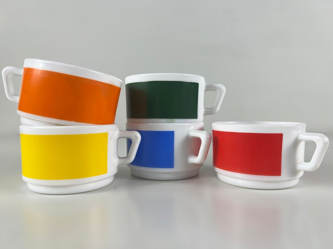 Sets of 5 Vintage Arcopal Coffee Cups, Tea Cups, Bright Colors, Arcopal ...
