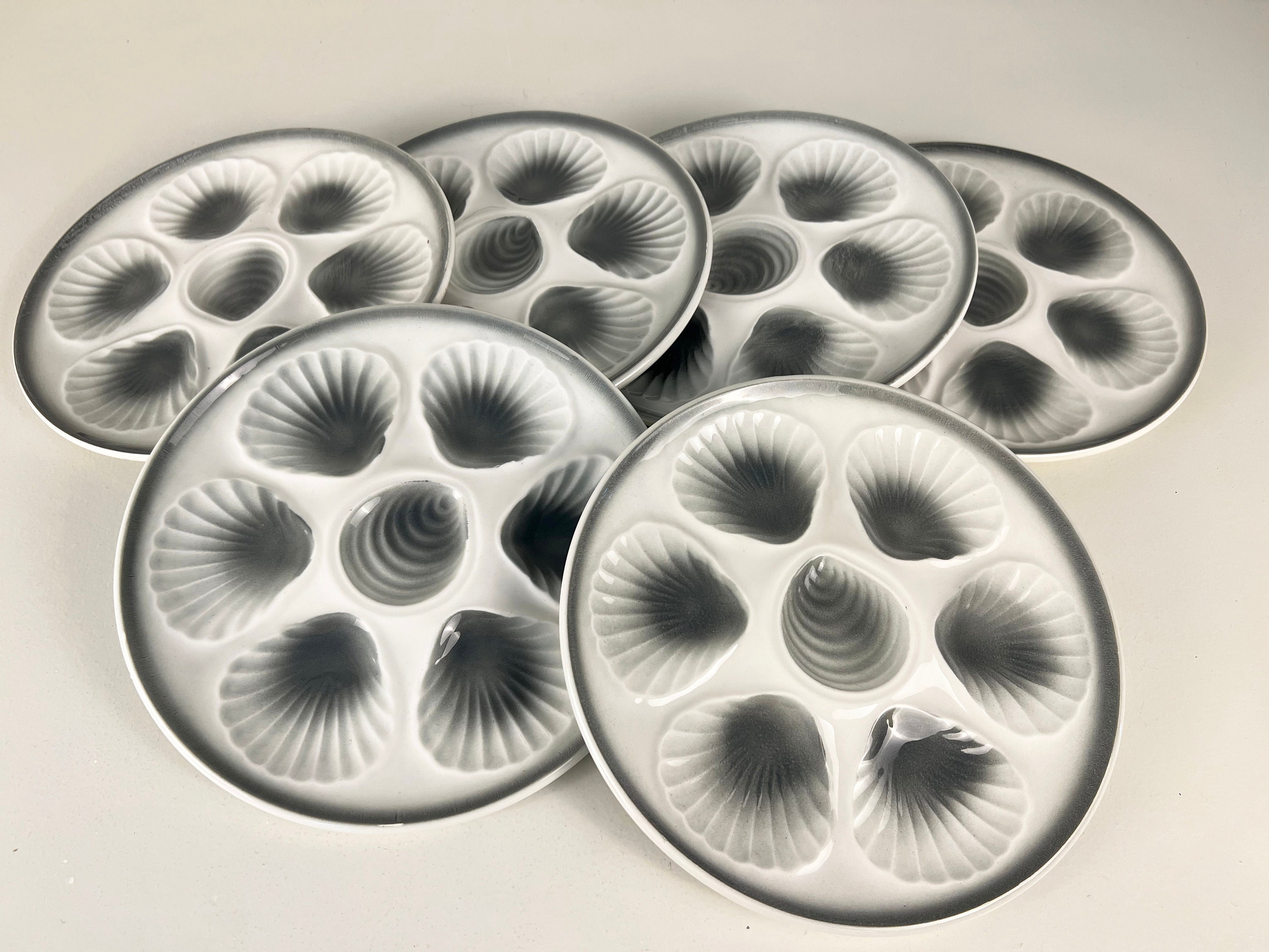 Set of 6 stylish French oyster plates, shellfish plates, seafood plates ...