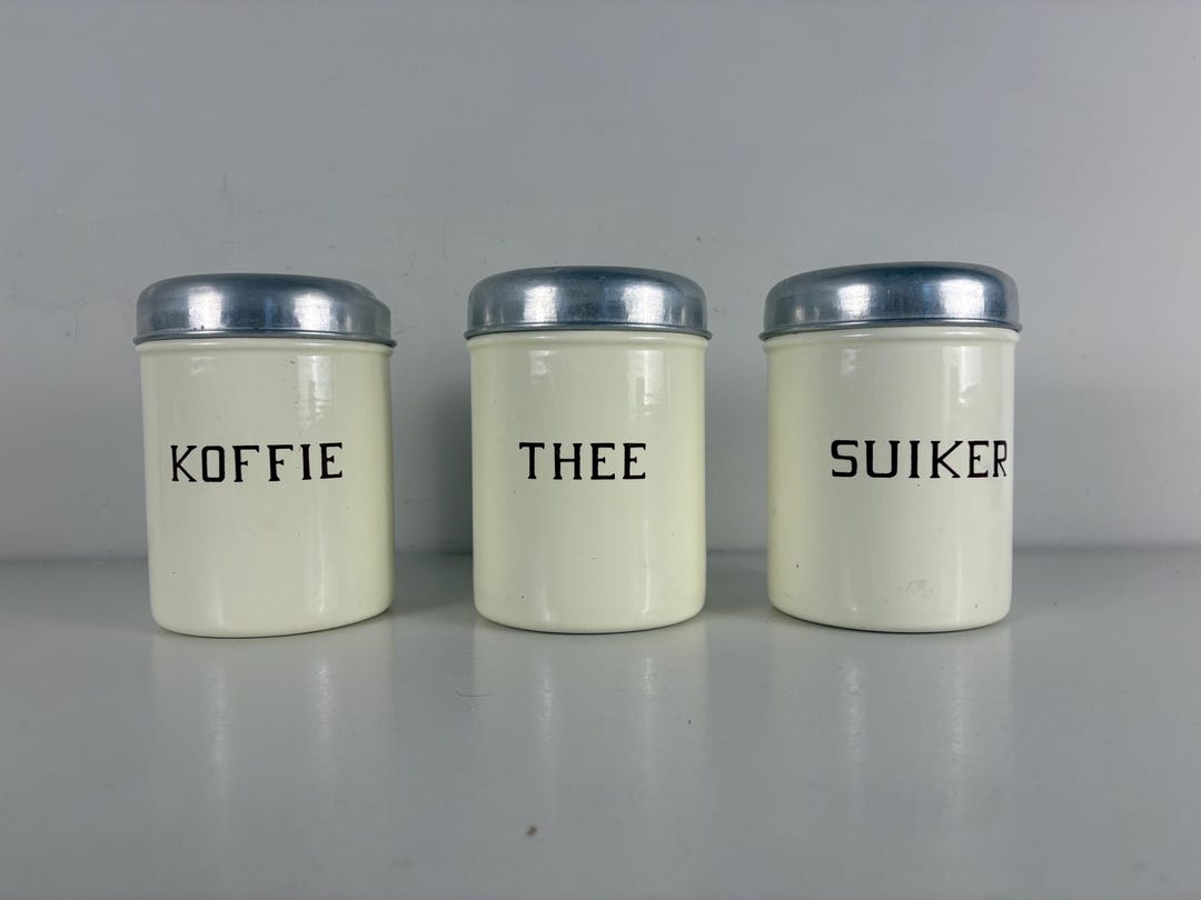 Set of 3 Dutch Vintage Enamel Storage Containers Coffee, Tea, Sugar ...