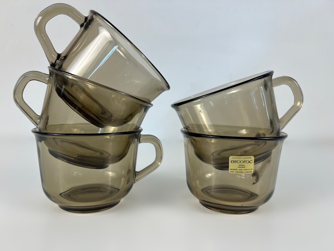 Set of 4 or 5 Large Smoke Glass Coffee Cups, Arcoroc France, Lovely Mid ...