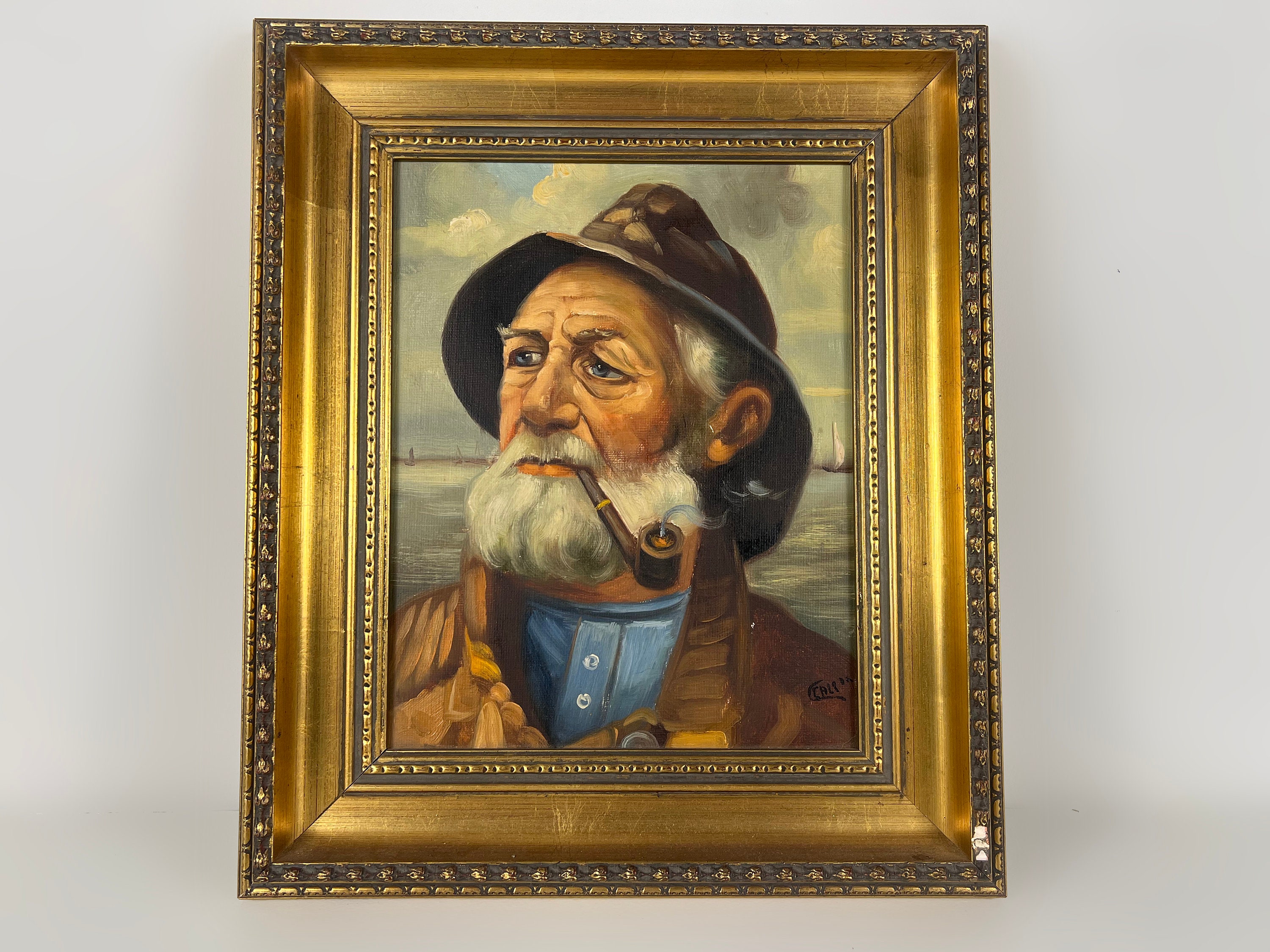 Vintage framed portrait painting of pipe-smoking fisherman, mid century ...